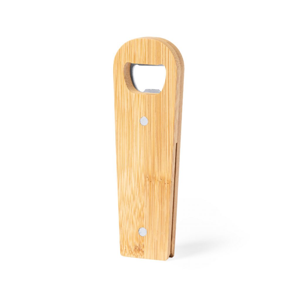 Décapsuleur publicitaire avec pince magnétique en bambou